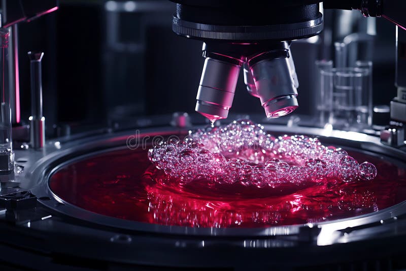 Microscopic Liquid Analysis Red Fluid Bubbles Under Microscope Lenses ...