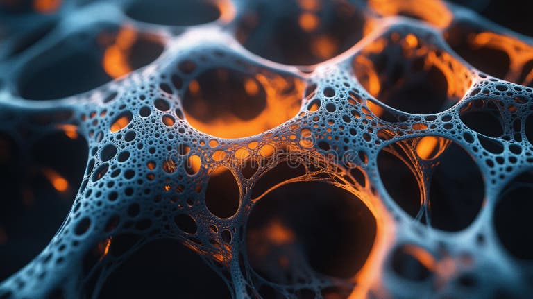 Microscopic Mesh Structure with Glowing Orange Cores in Black Organic ...