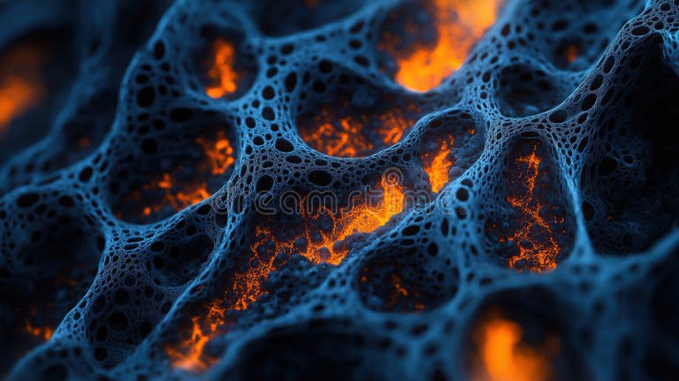 Microscopic Mesh Structure with Glowing Orange Cores in Black Organic ...