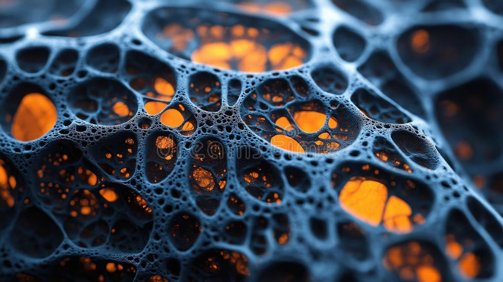 Microscopic Mesh Structure with Glowing Orange Cores in Black Organic ...