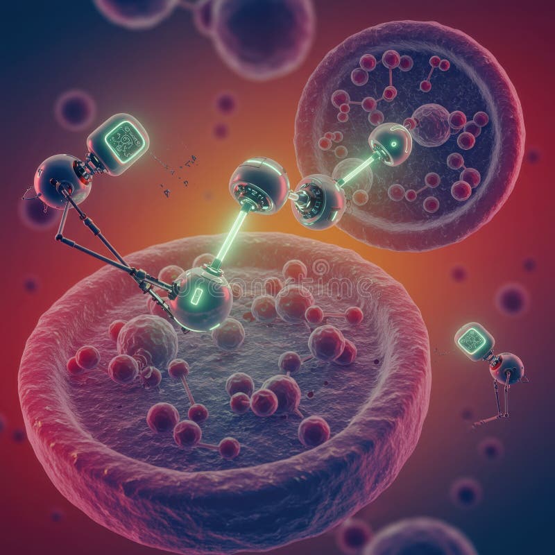 Microscopic Nanorobots Repairing a Cell in a 3D Render Stock ...