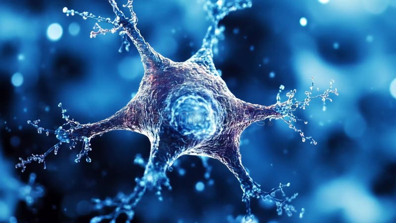 Microscopic Neuron Cell, Intricate Structure, Blue Background, Medical ...