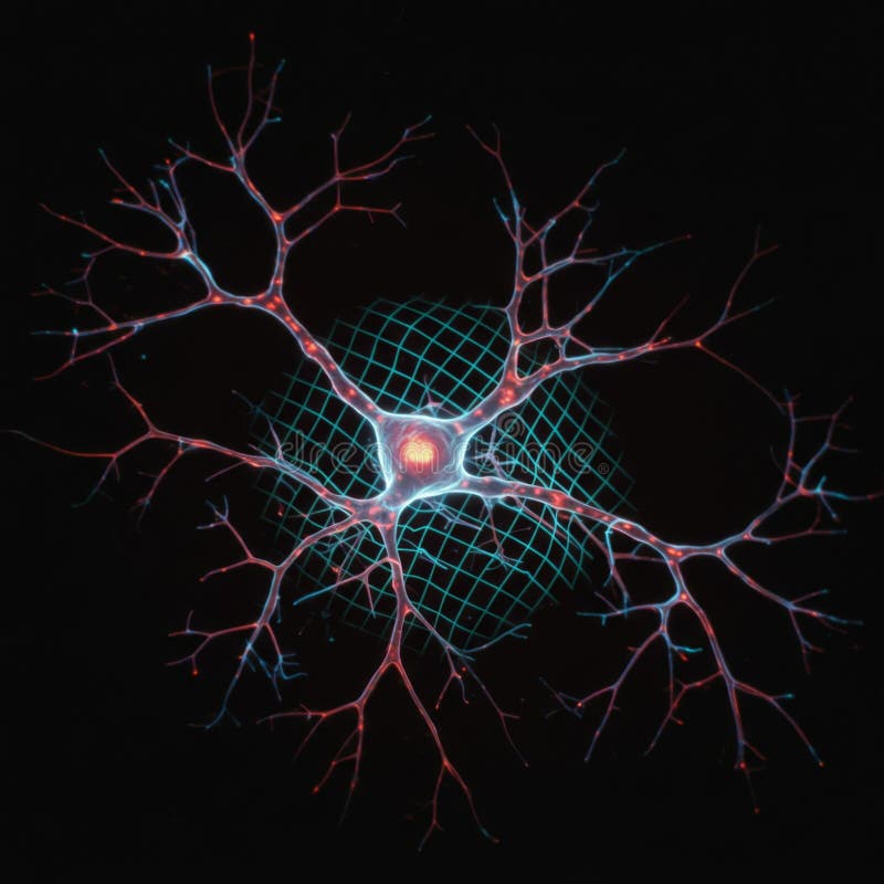 Microscopic Neuron Cell Structure with Red and Blue Filaments Stock ...