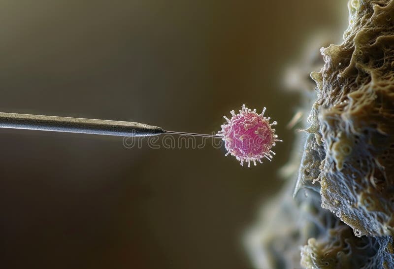 Microscopic Observation Pink Needle Insertion into Cellular Substance ...