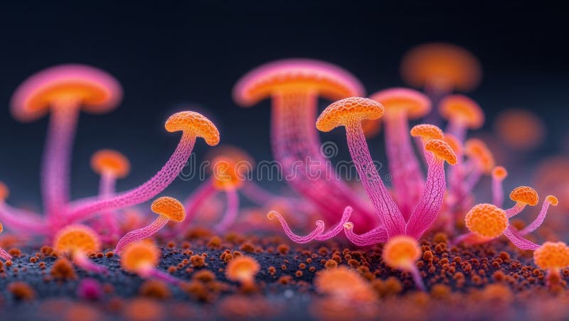 Microscopic Orange and Pink Fungus Spores on Dark Background Stock ...