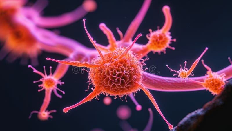 Microscopic Orange and Pink Fungus Spores on Dark Background. Stock ...