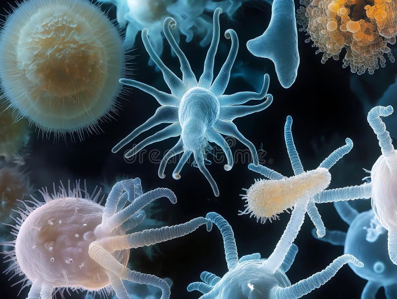 Microscopic Organisms, Bio-luminescent Creatures, Dark Background Stock ...