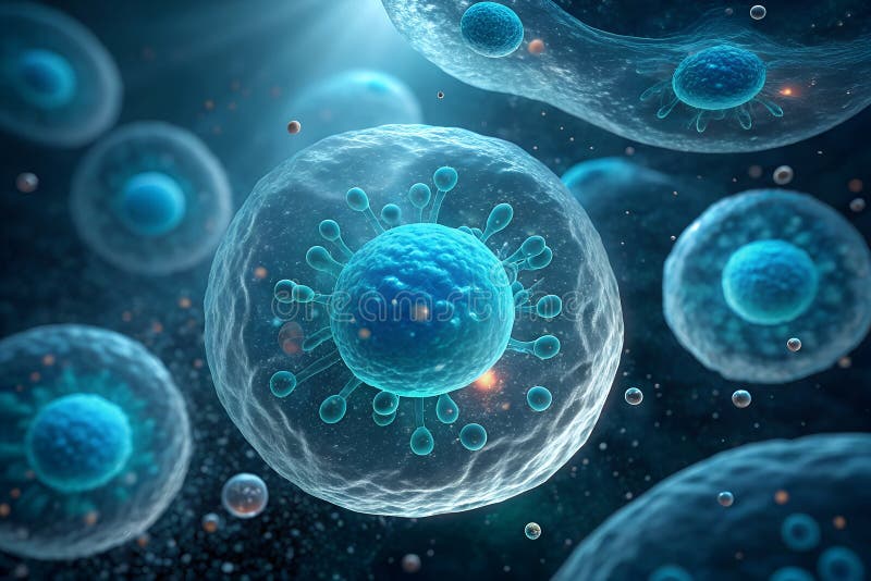 Microscopic Organisms Cluster in Blue Liquid, Scientific Backdrop ...