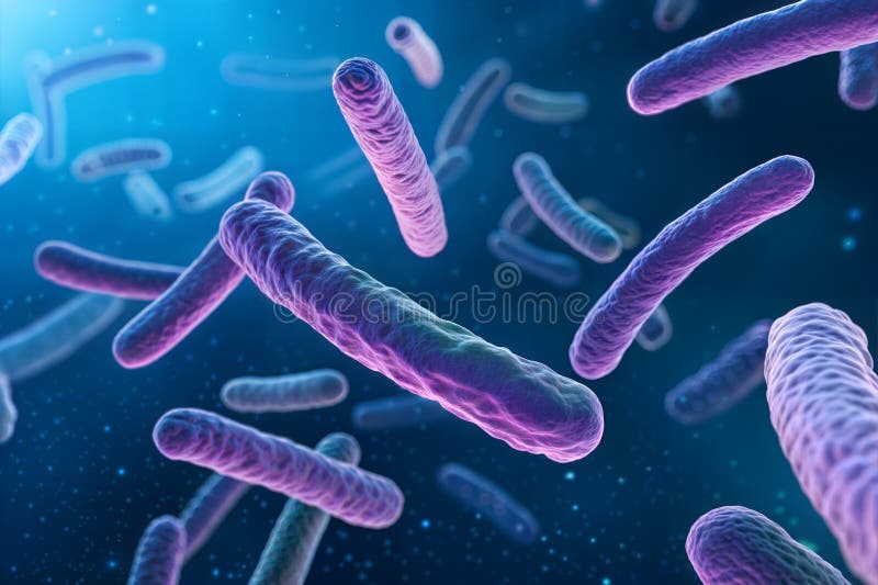 Microscopic Purple Bacteria Cells in Liquid with Blue and Green Glow ...