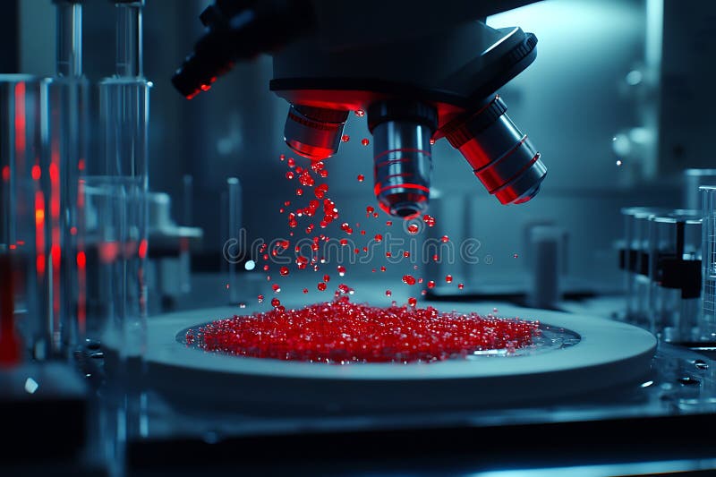 Microscopic Red Liquid Droplets Falling Onto Petri Dish in Modern Lab ...