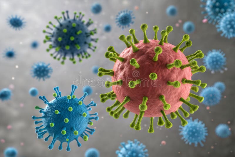 Microscopic Render of Viruses with Green Projections on Gray Background ...