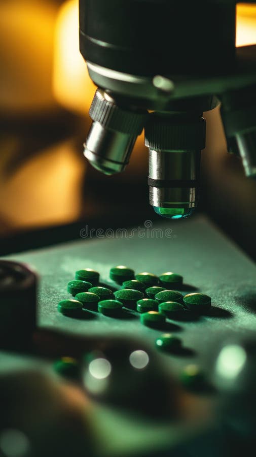 Microscopic Scientists Study Chlorella Tablet Detox and Immunity Stock ...