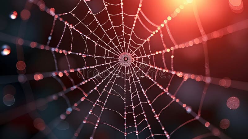 Microscopic Spiderweb, Dew Drops on Red Background High Quality Image ...