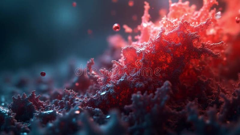 Abstract Microscopic View, Red Structures and Water Droplets, Science ...