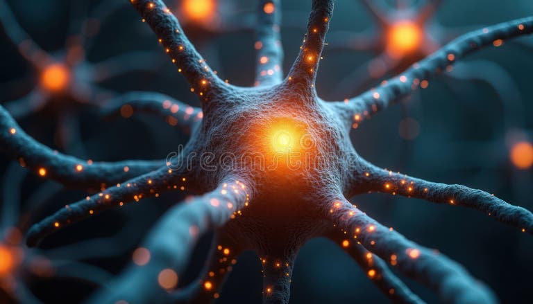 Microscopic View of Active Neuron Cell Network. Electrical Signals Glow ...