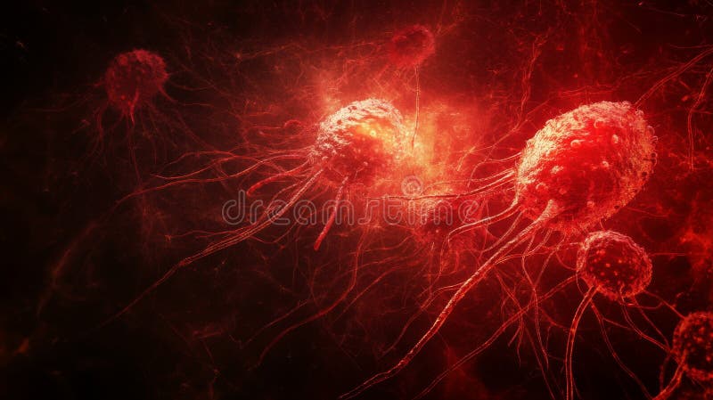 Microscopic View of Aggressive Cancer Cells in Vivid Red Hues Stock ...