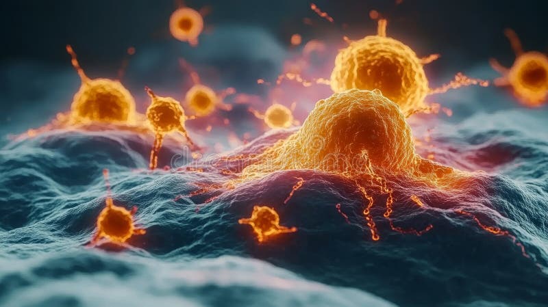 Microscopic View of Aggressive, Glowing Cancer Cells Metastasizing on a ...