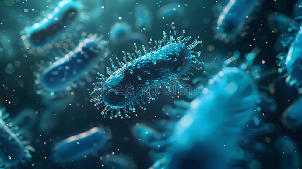 Microscopic View of Bacteria in a Blue Liquid, Representing a ...
