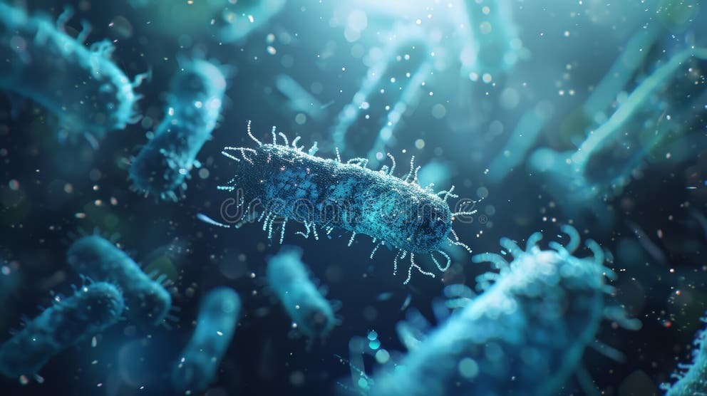 Microscopic View of Bacteria in a Dark Blue Liquid. the Bacteria are in ...