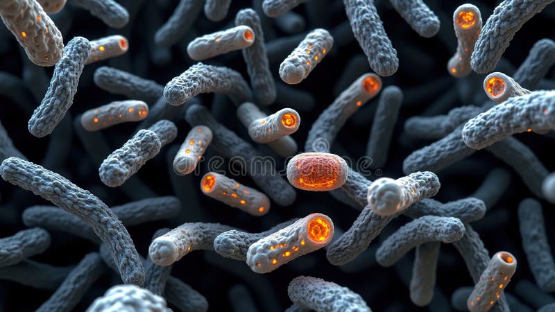 Microscopic View of Bacteria with Glowing Orange Elements in Detail ...