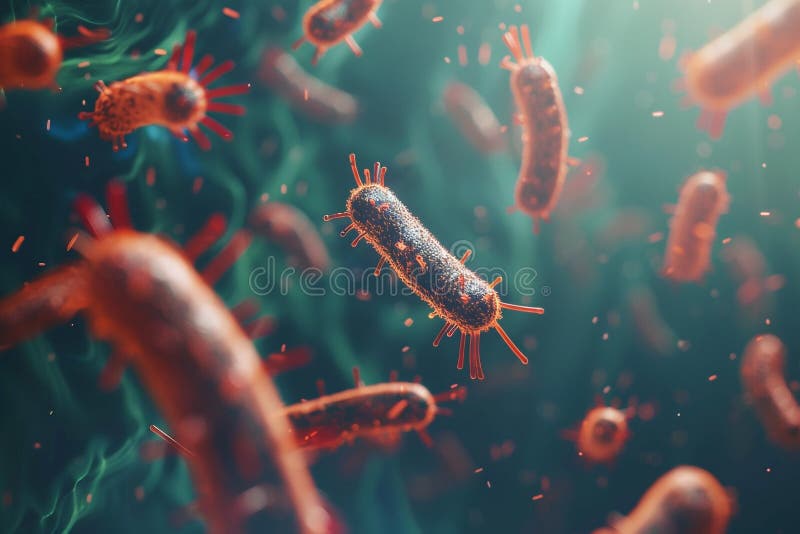 Microscopic View of Bacteria Numerous Pathogens Floating in a Teal ...