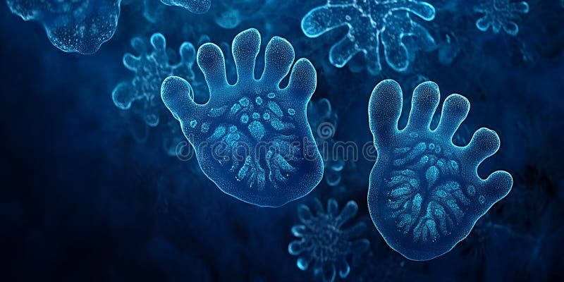 A Microscopic View of Blue Hand Shaped Cells Floating in a Dark Blue ...
