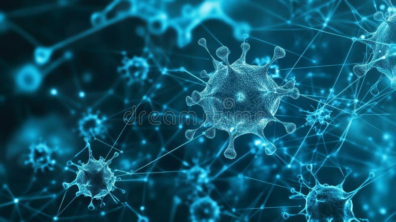 Microscopic View of Blue Virus Particles with Network Connections Stock ...