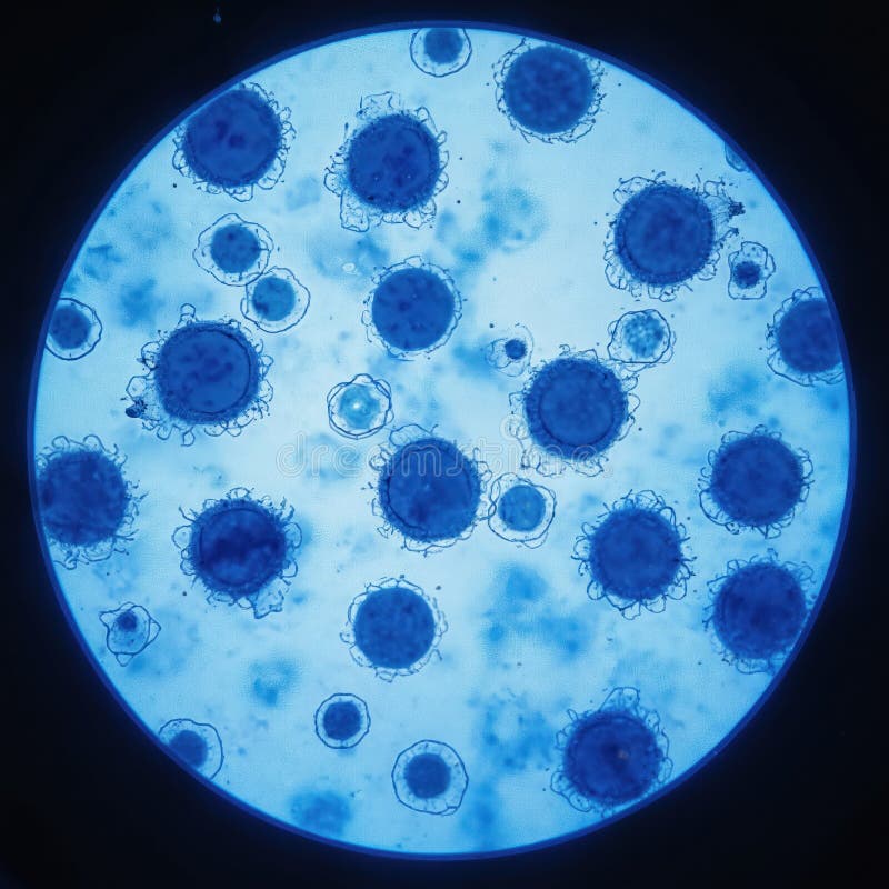 Microscopic View of Budding Yeast Cells, Possibly Candida Species. Blue ...