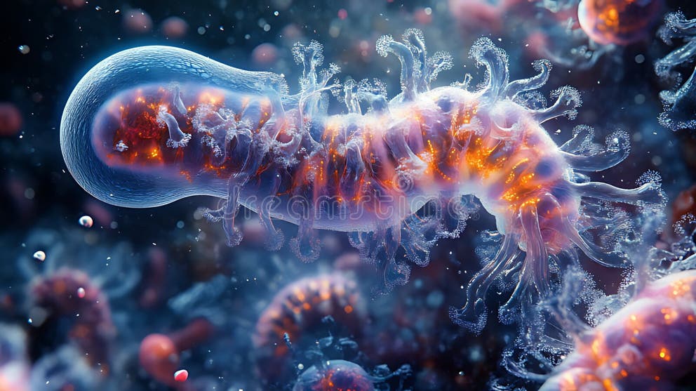 Microscopic View of a Burning Bacteria Cell with Fiery Appendages among ...