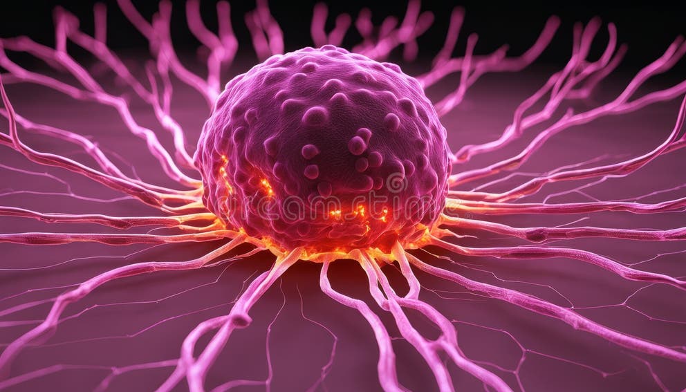 A Microscopic View of a Cancer Cell with Glowing Red Nuclei Stock ...