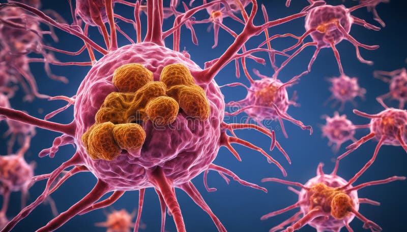 Microscopic View of a Cancer Cell with Multiple Nuclei, Highlighting ...