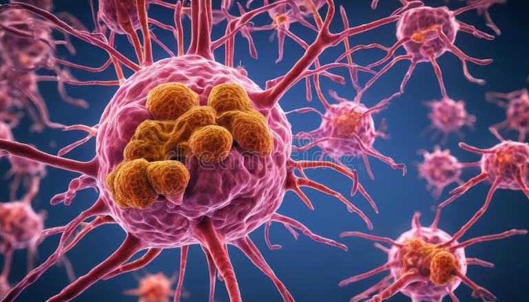 Microscopic View of a Cancer Cell with Multiple Nuclei, Highlighting ...