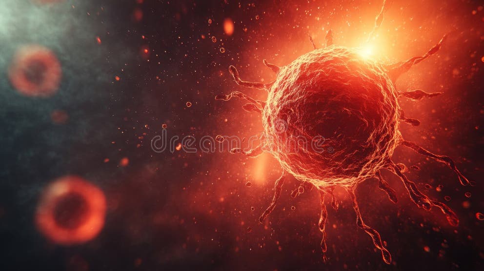 Microscopic View of a Cancer Cell with Red Lighting and Dark Abstract ...