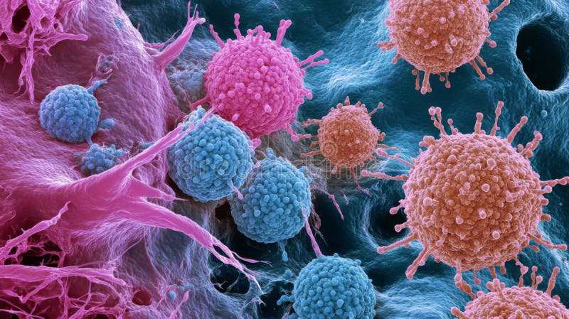 Microscopic View of Cancer Cells and Immune Response Stock Illustration ...