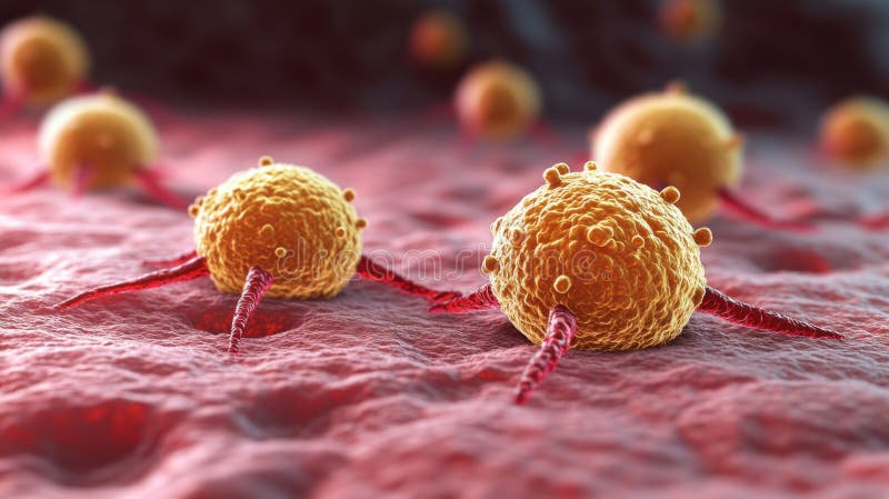 Microscopic View of Cancer Cells with Red Appendages on Pink Surface ...