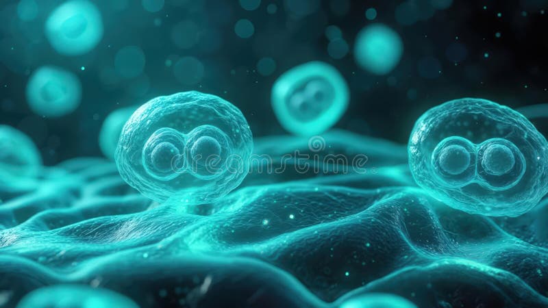 Microscopic View of Cell Division Process with Glowing Blue Cells in a ...