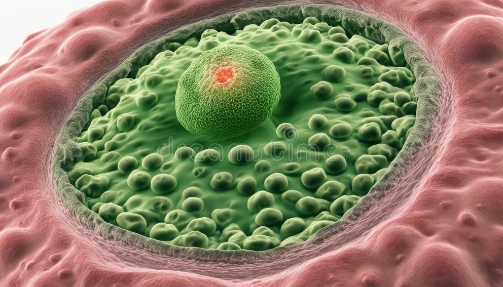 Microscopic View of a Cell with a Nucleus, Mitochondria, and ...