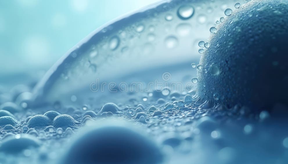 Microscopic View of Cell Surface Covered in Water Droplets. Blue Liquid ...