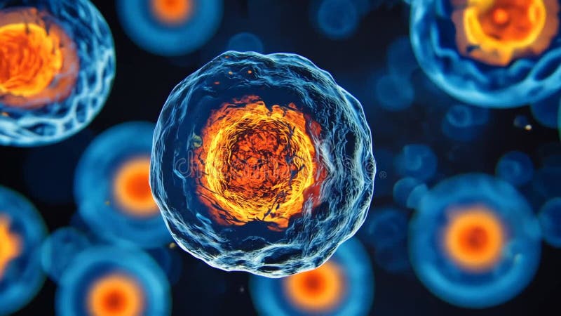 Microscopic View of Cells with Fiery Interior and Blue Outer Layers ...