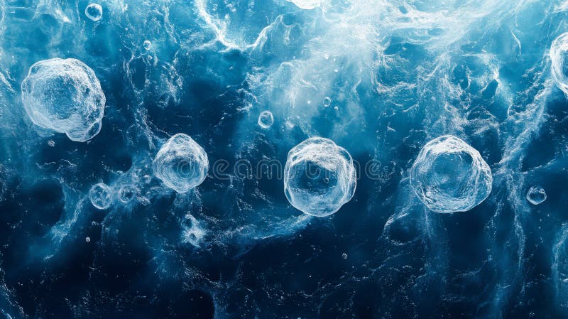 Microscopic View of Cells Floating in Deep, Swirling Blue Oceanic Water ...