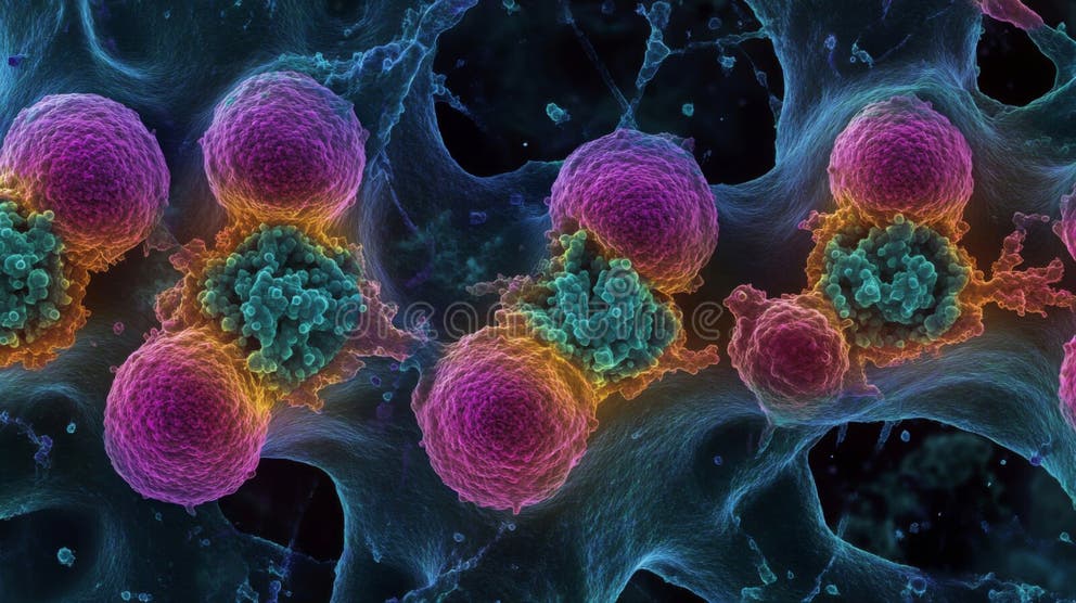 Microscopic View of Cells Interacting within a Matrix Stock ...