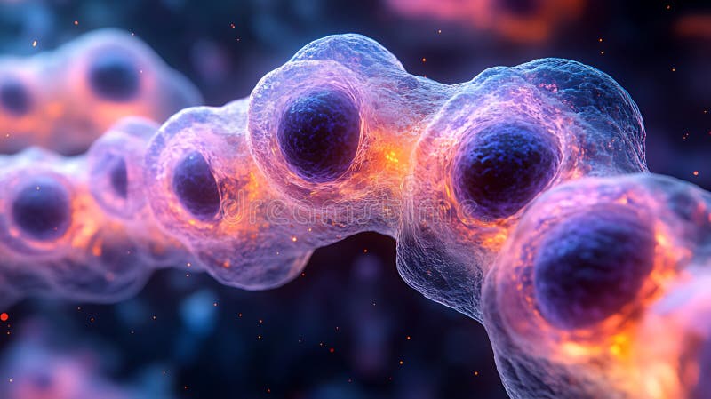 Microscopic View of Cells Linked Together, Glowing with Orange and Blue ...