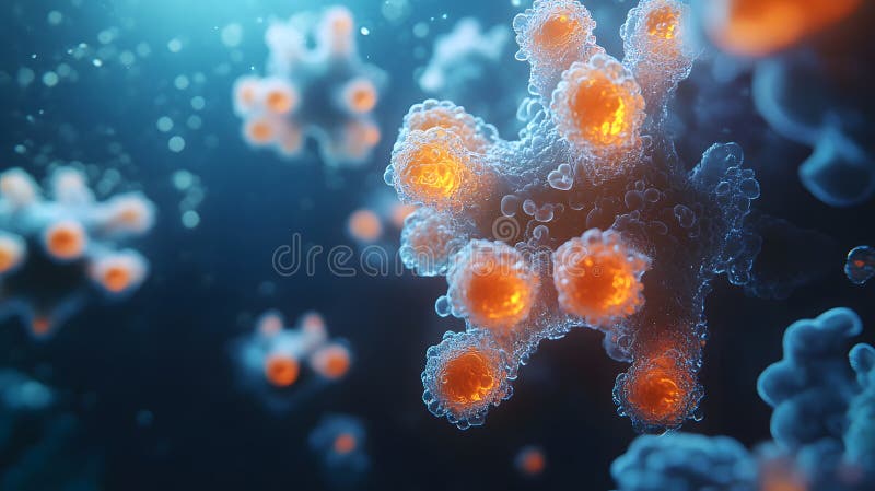 Microscopic View of Cells with Orange Glowing Cores Stock Illustration ...