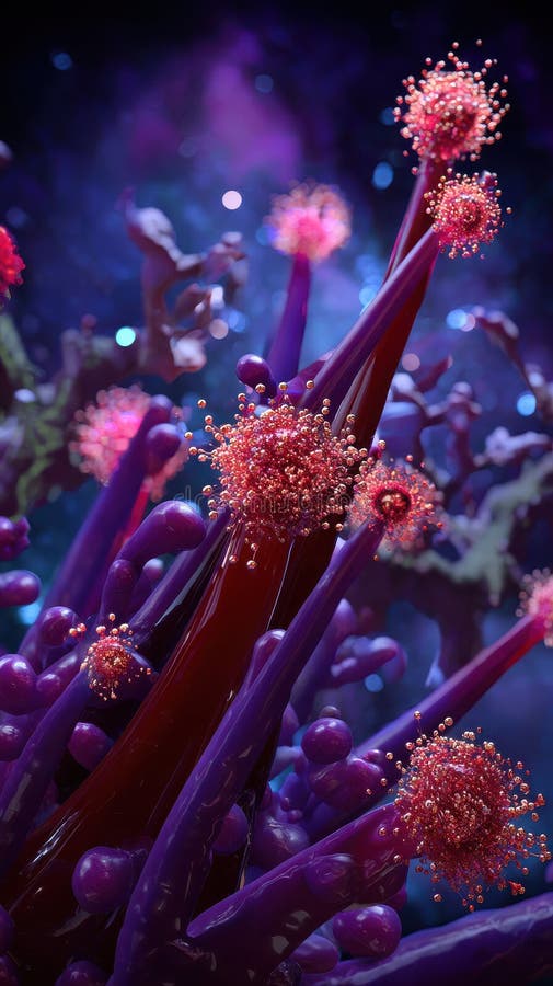 Microscopic View of Cells with Spikes in a Purple and Red Hued ...