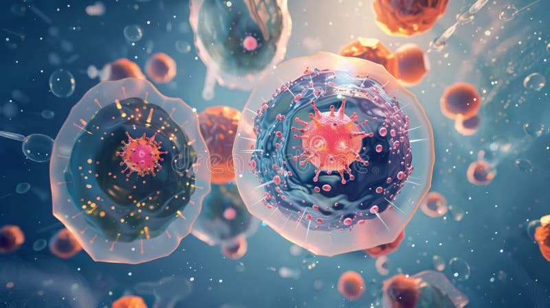 Microscopic View of Cells with Viruses. 3D Rendered Illustration of ...