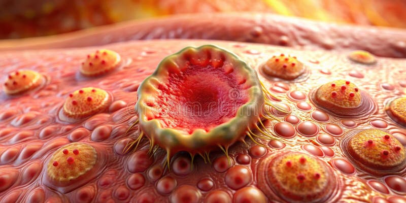 Microscopic View of Cellular Structures with a Central, Red, Cup-shaped ...