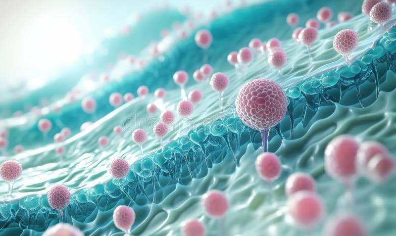 Microscopic View of Cellular Structures with Pink and Blue Elements in ...