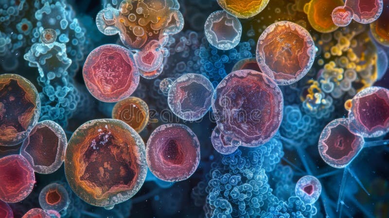 A Microscopic View of a Colony of Algae Showcasing a Rainbow of ...