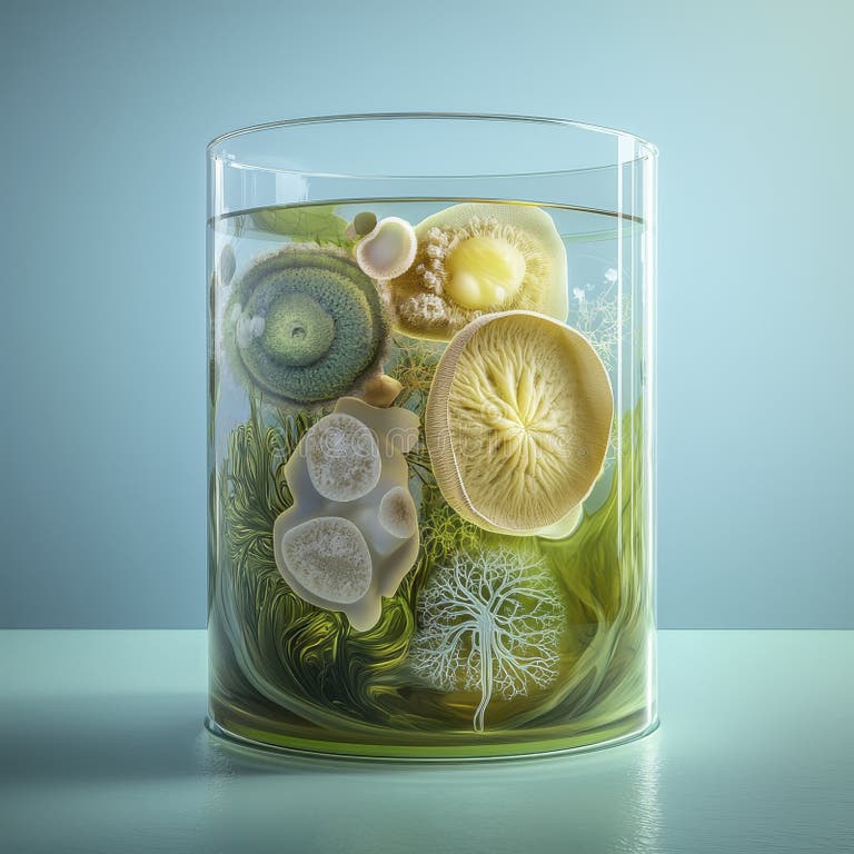 Microscopic View of Colorful Algae and Microorganisms in a Glass Container Under Soft Natural ...