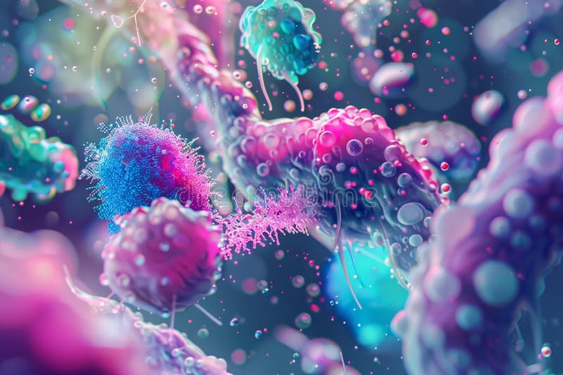 Microscopic View of Colorful Bacteria Cells Dividing and Multiplying ... Microscopic View of Colorful Bacteria Cells Dividing and Multiplying ...